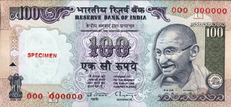 Tamanho real de cédula rupia indiana